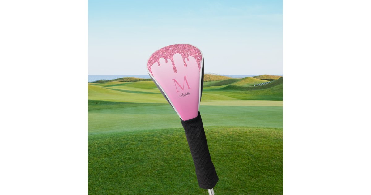 Elegant Pink Glitter Drips Monogram Name Golf Head Cover | Zazzle