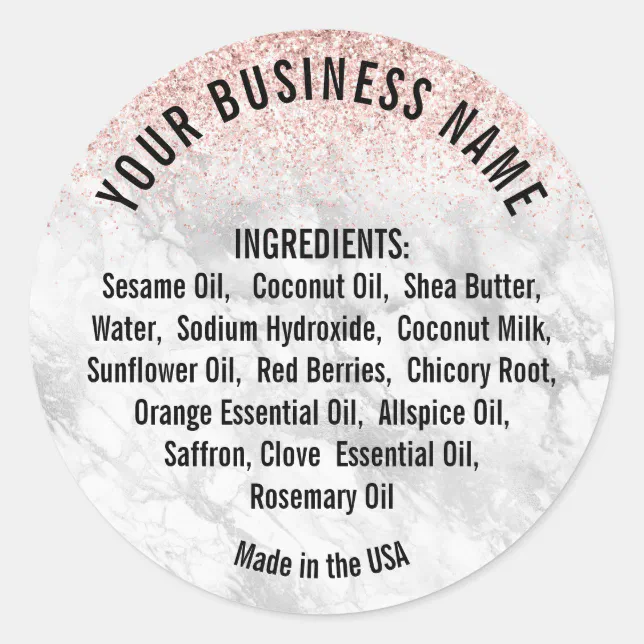 Elegant Pink Glitter Marble Ingredient List Classic Round Sticker | Zazzle