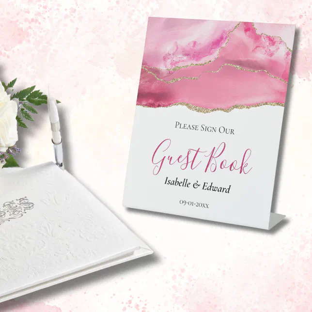 Elegant Pink & Gold Agate Stone Wedding Pedestal Sign | Zazzle