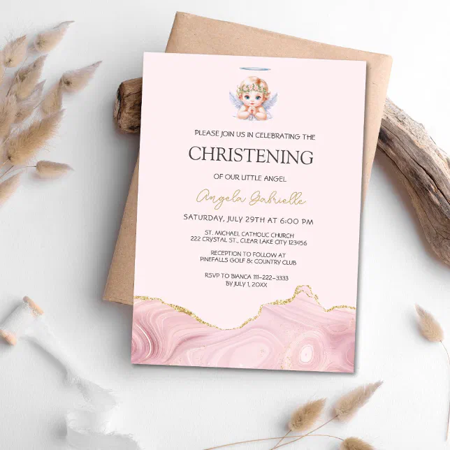 Elegant Pink & Gold Angel Baptism & Christening In Invitation | Zazzle