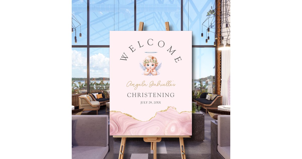 Elegant Pink & Gold Angel Christening Welcome Sign | Zazzle