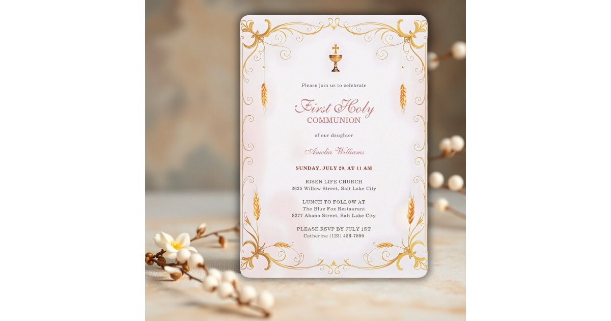 Elegant Pink & Gold Girl First Holy Communion Invitation | Zazzle