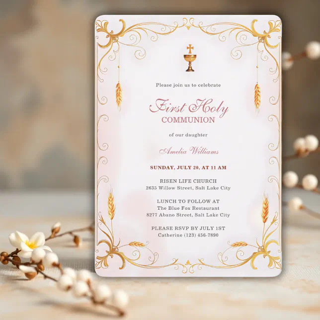 Elegant Pink & Gold Girl First Holy Communion Invitation | Zazzle