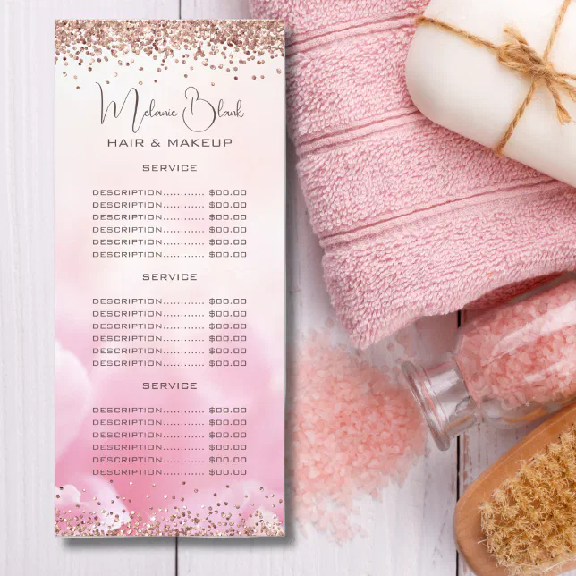 Elegant Pink Gold Glitter Beauty Salon Price List Rack Card | Zazzle