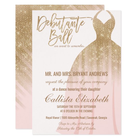 Elegant Pink Gold Glitter Dress Debutante Dance Invitation | Zazzle.com