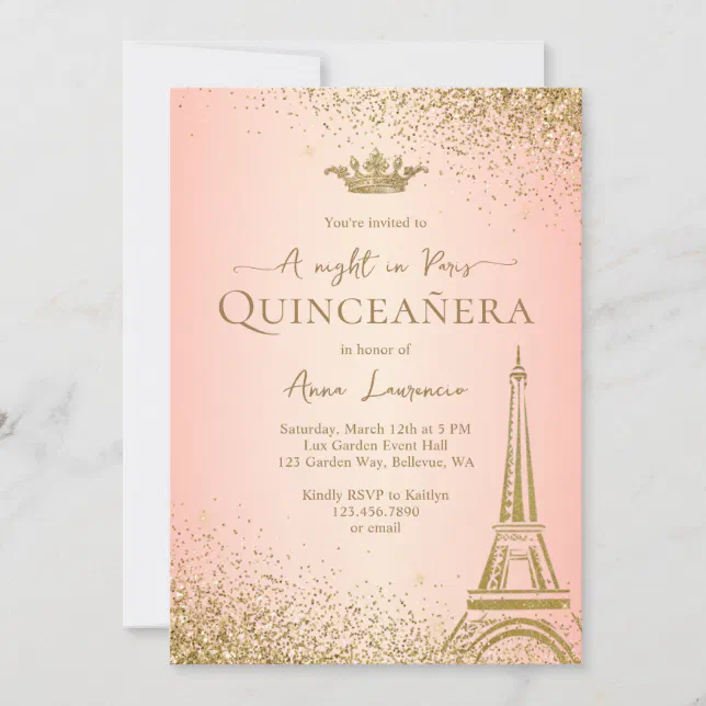 Elegant Pink Gold Paris Eiffel Tower Quinceanera Invitation | Zazzle