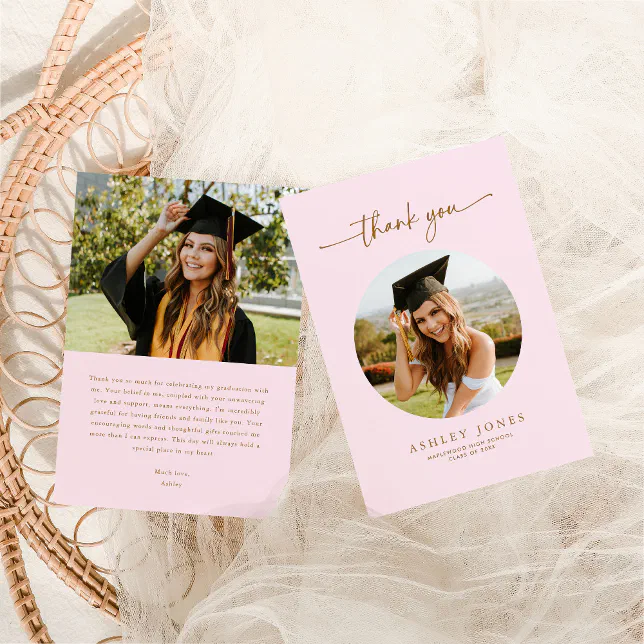 Elegant Pink & Gold Photo Graduation Party Thank You Card | Zazzle