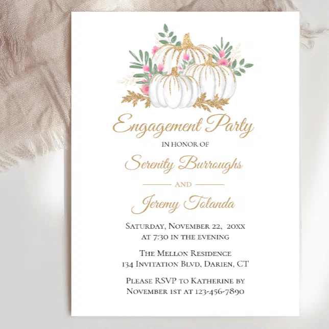 Elegant Pink Gold Pumpkins Fall Engagement Party Invitation | Zazzle