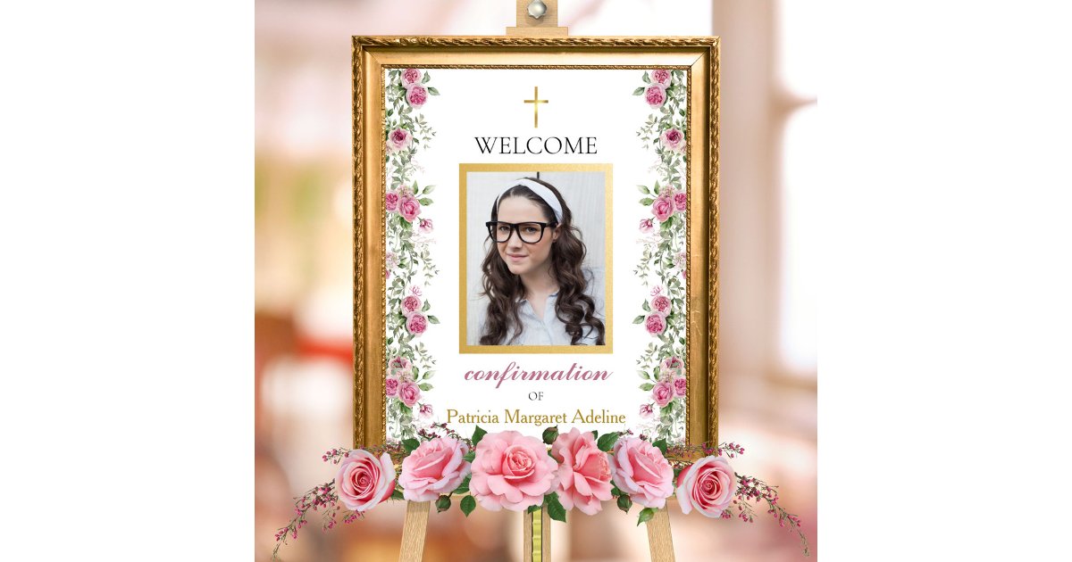 Elegant Pink Gold Rose Confirmation Welcome Sign | Zazzle