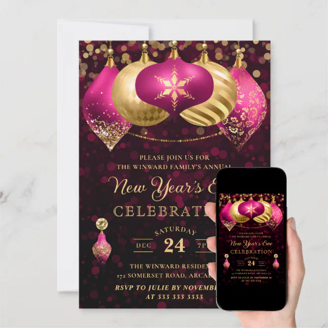 Elegant Pink & Gold Winter Baubles New Year's Eve Invitation | Zazzle