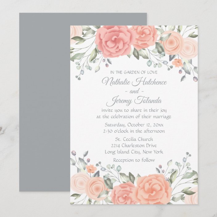 Elegant Pink Gray Floral Wedding Watercolor Grey Invitation | Zazzle.com