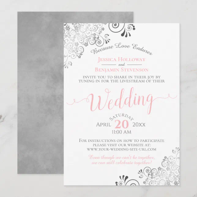 Elegant Pink & Gray Virtual Wedding Livestream Invitation | Zazzle