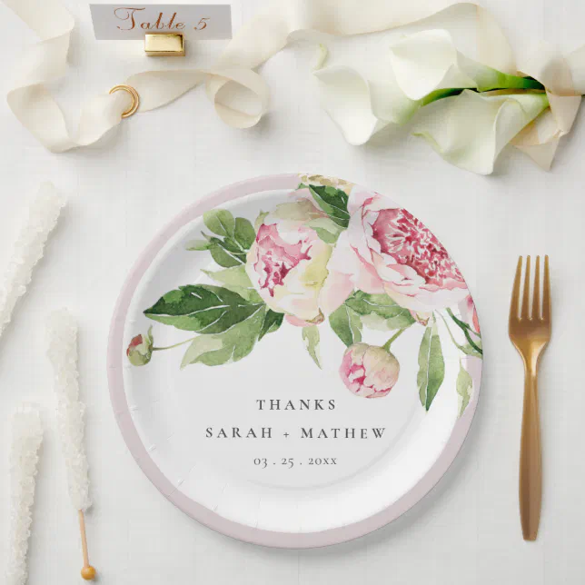 Elegant Pink Green Peony Floral Thanks Wedding Paper Plates | Zazzle