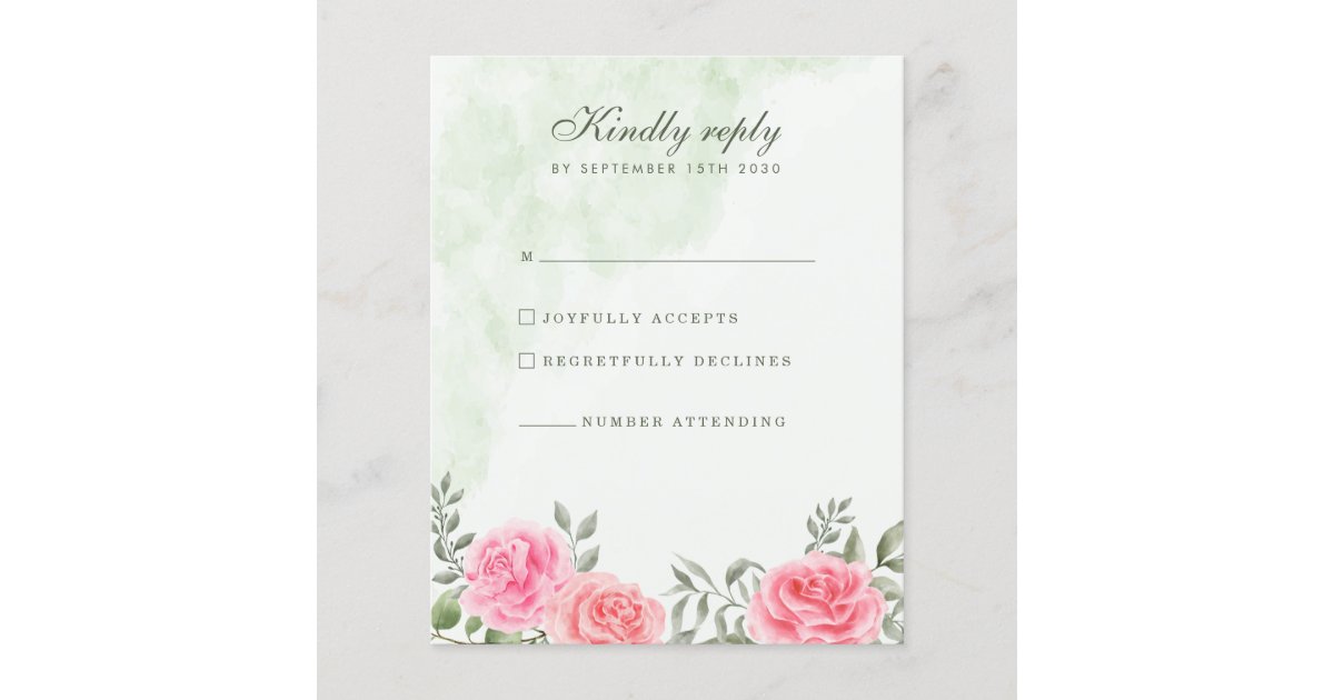 Elegant Pink Green Rose Floral Wedding RSVP Flyer | Zazzle
