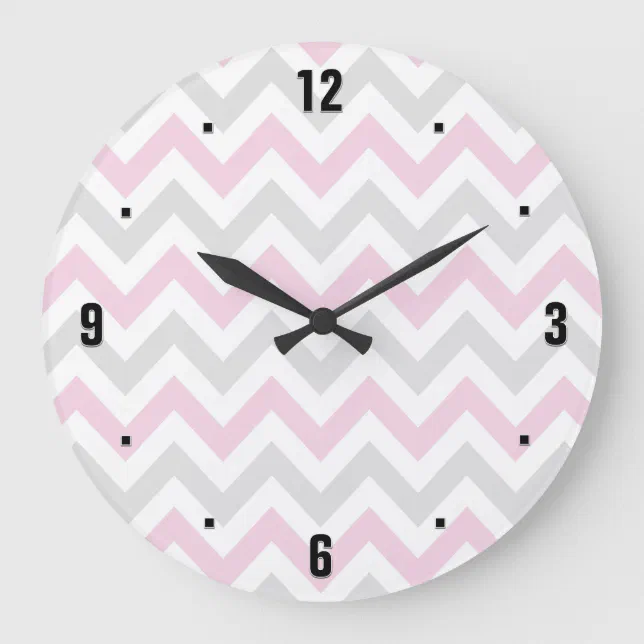 Elegant Pink, Grey and White Chevron Pattern Large Clock | Zazzle
