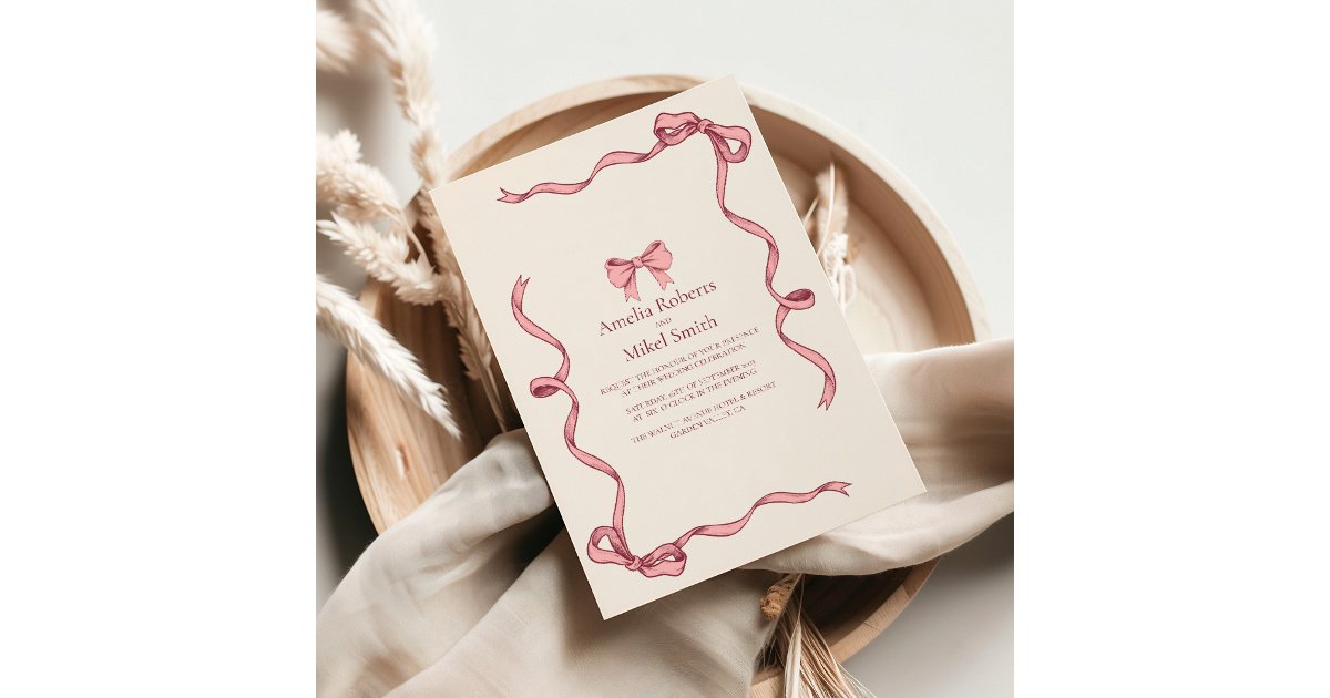 Elegant Pink Hand Drawn Bow Wedding Invitation | Zazzle