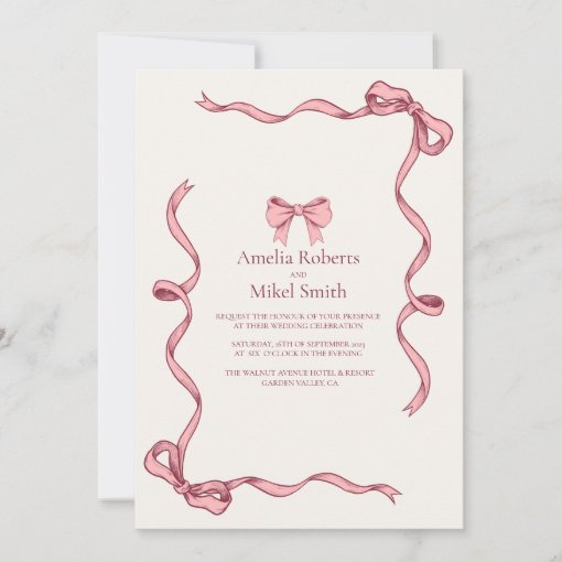 Elegant Pink Hand Drawn Bow Wedding Invitation | Zazzle