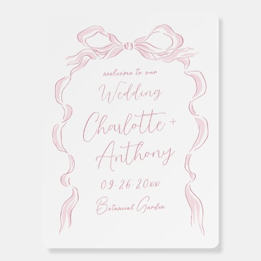 Elegant Pink Hand Drawn Bow Wedding Welcome Sign | Zazzle