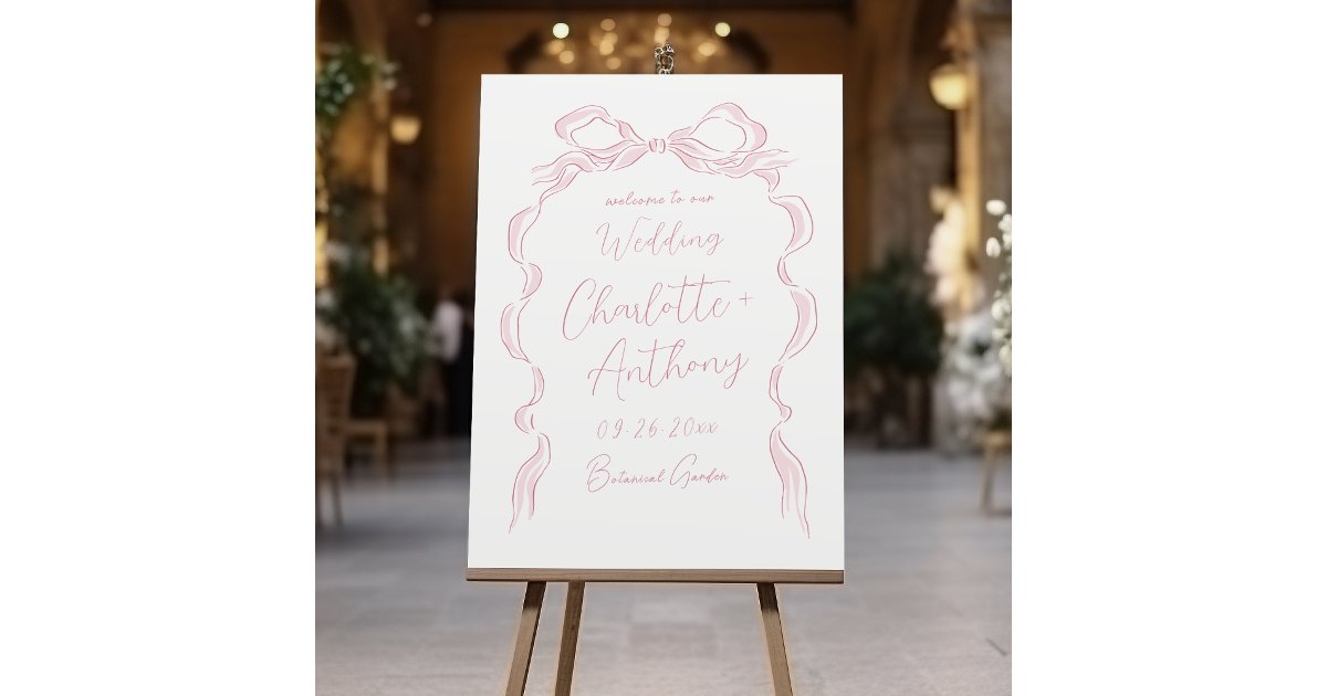 Elegant Pink Hand Drawn Bow Wedding Welcome Sign | Zazzle