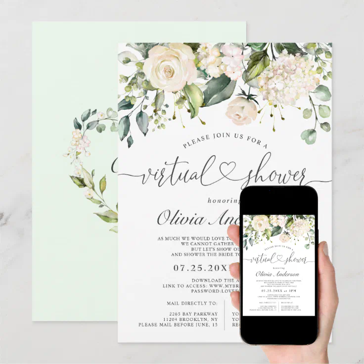 Elegant Pink Hydrangea Roses virtual Bridal Shower Invitation | Zazzle