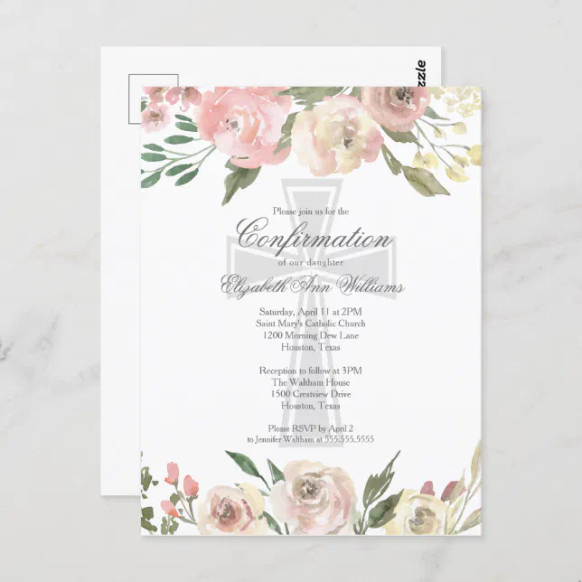 Elegant Pink Ivory Floral Religious Confirmation Postcard | Zazzle