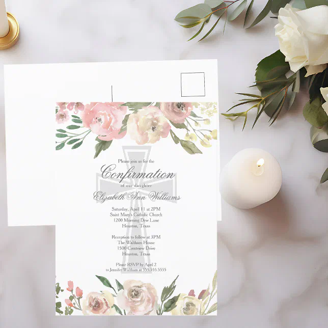 Elegant Pink Ivory Floral Religious Confirmation Postcard | Zazzle
