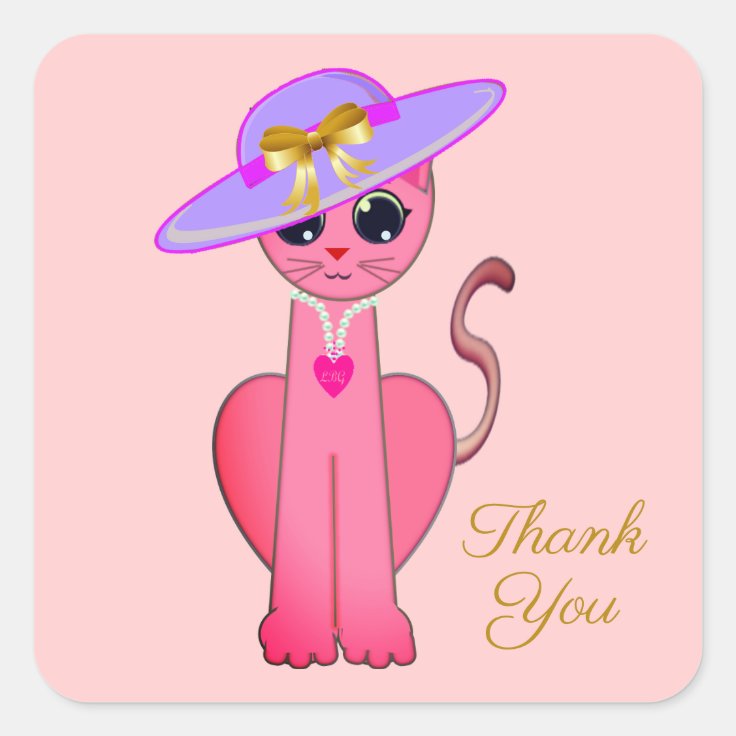 Elegant pink kitty cat on coral pink Thank You Square Sticker | Zazzle
