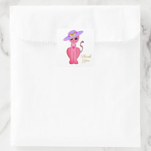Elegant Pink Kitty Cat Thank You Square Sticker | Zazzle