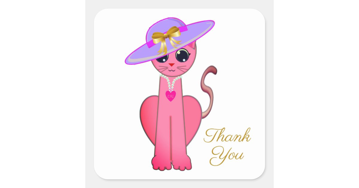 Elegant Pink Kitty Cat Thank You Square Sticker | Zazzle