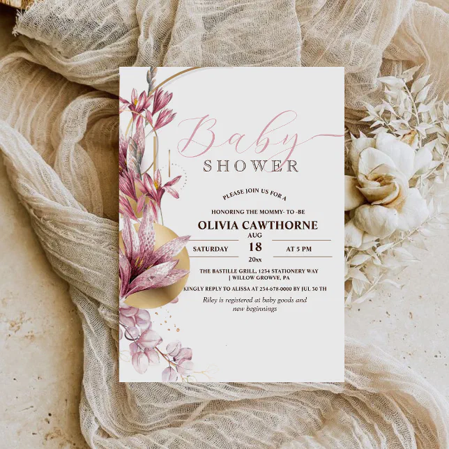 Elegant Pink Lilies Girly Baby Shower Party Invitation | Zazzle