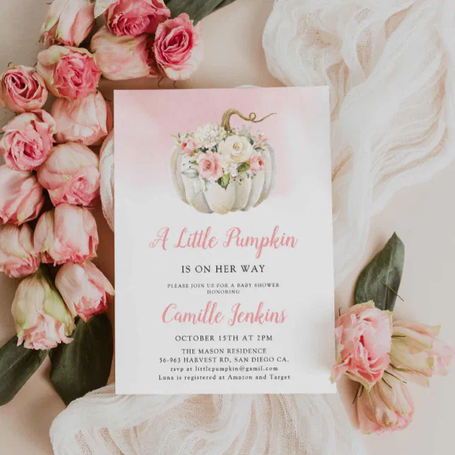 Elegant Pink Little Pumpkin Girl Baby Shower Invitation | Zazzle