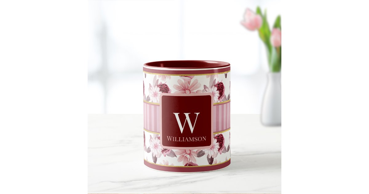 Elegant Pink Magenta Floral Stripe Monogram Custom Mug | Zazzle
