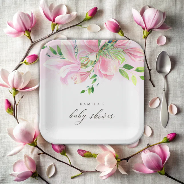 Elegant Pink Magnolia Watercolor Baby Shower Paper Plates | Zazzle