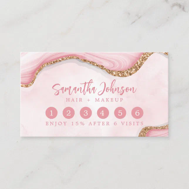 Elegant Pink Marble Swirl Watercolor Gold Glitter Loyalty Card | Zazzle