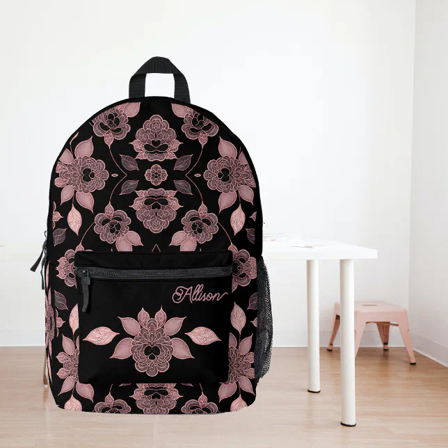 Elegant pink on black lace in vintage style custom printed backpack ...