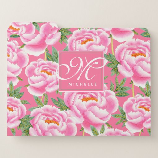 Elegant Pink Peonies Pattern Monogrammed Hot Pink File Folder | Zazzle