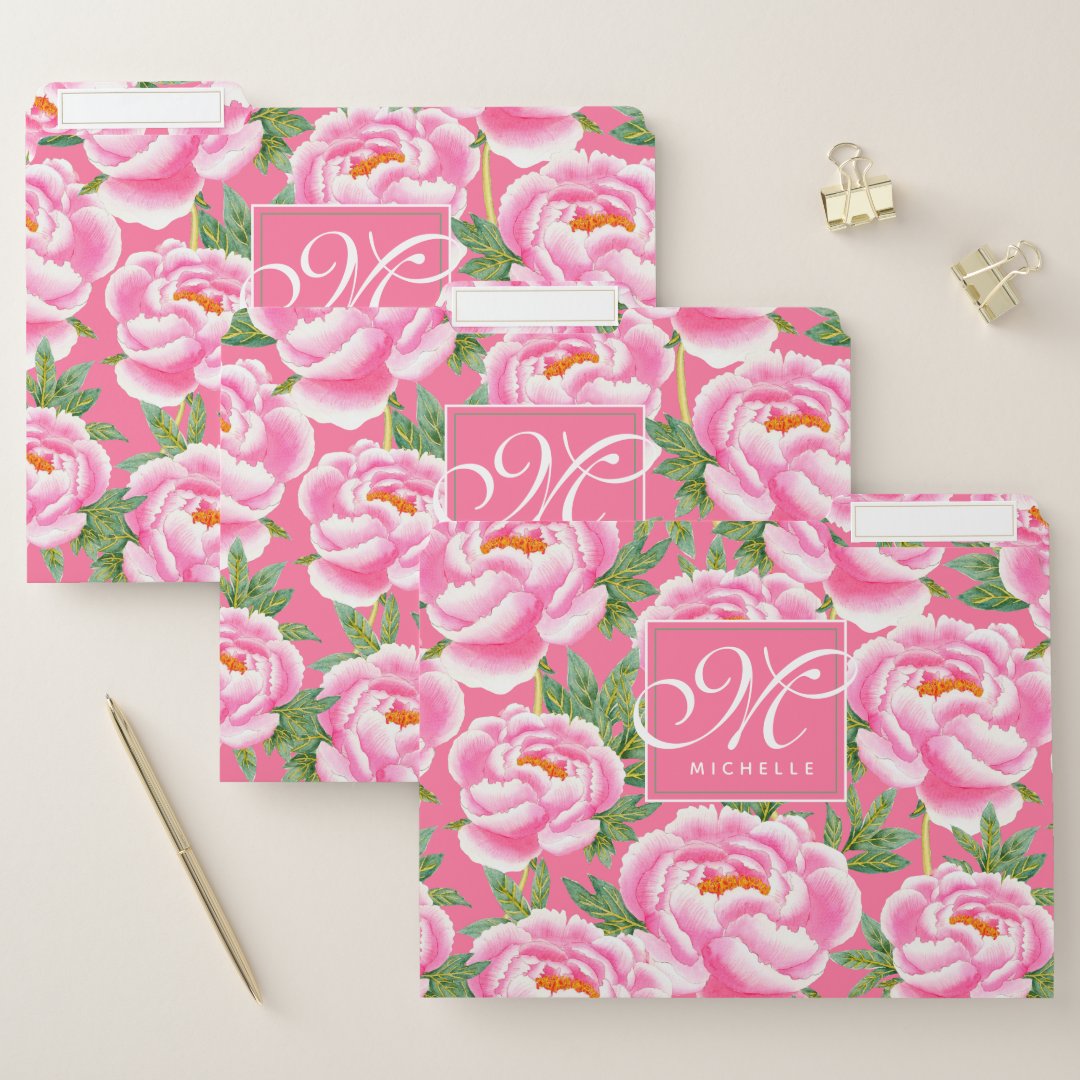 Elegant Pink Peonies Pattern Monogrammed Hot Pink File Folder | Zazzle