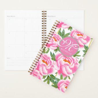 Elegant Pink Peonies Pattern - Monogrammed Planner | Zazzle