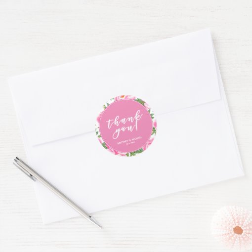 Elegant Pink Peonies Pattern - Thank You Classic Round Sticker | Zazzle