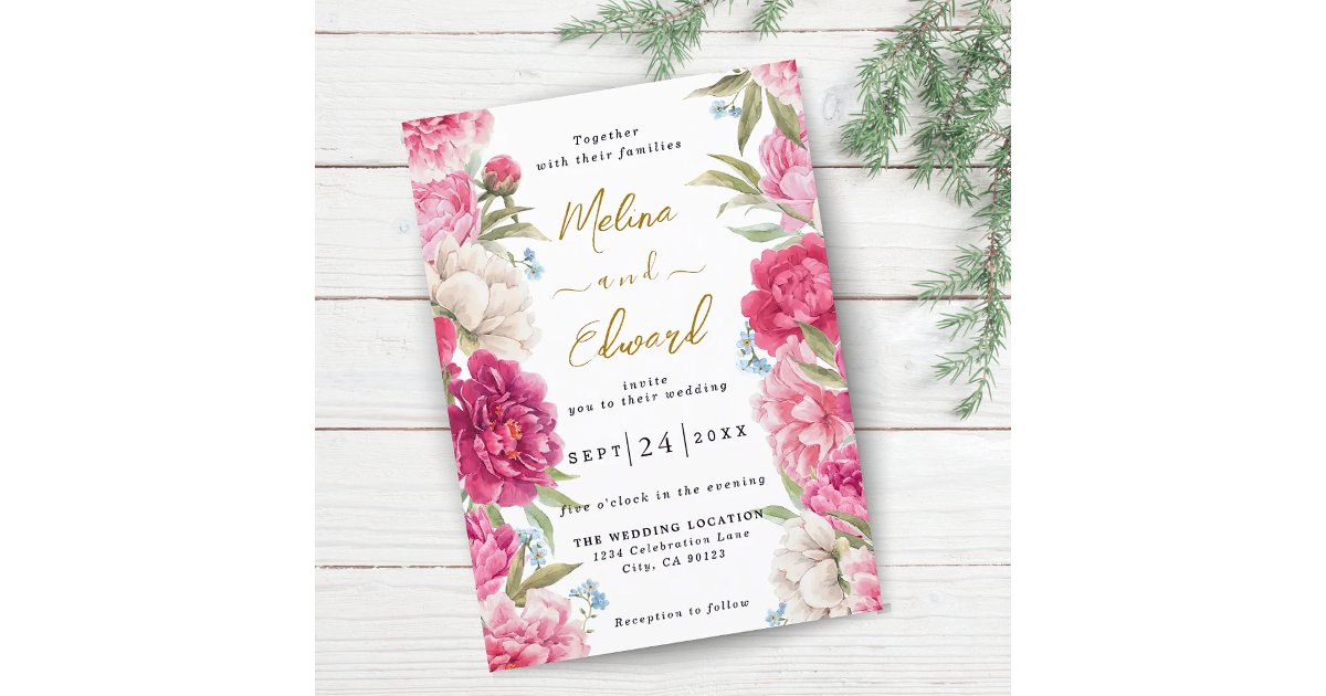 Elegant Pink Peony Florals Wedding Invitation | Zazzle