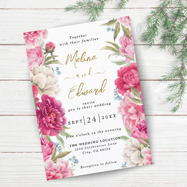 Elegant Pink Peony Florals Wedding Invitation | Zazzle