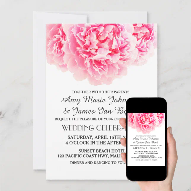 Elegant pink peony wedding invitations peony3 | Zazzle