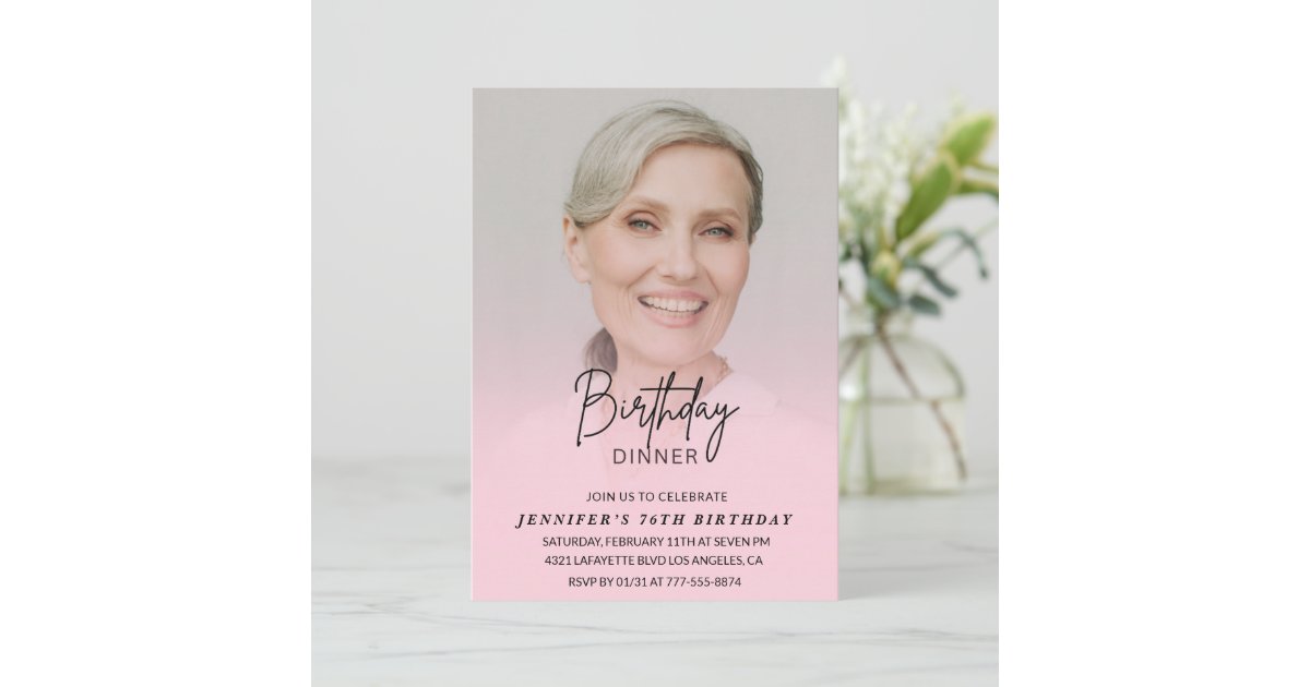 Elegant Pink Photo Dinner 76th birthday Invitation | Zazzle