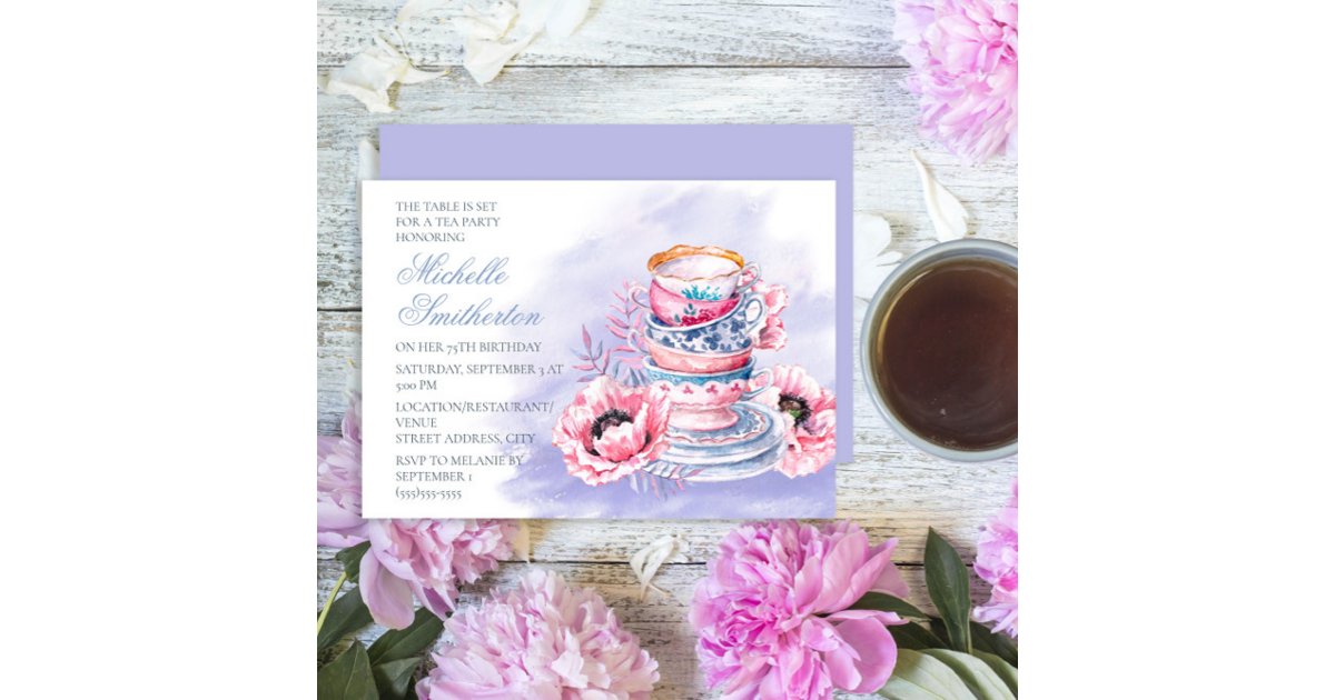 Elegant Pink Purple 75th Birthday Tea Party Invitation | Zazzle