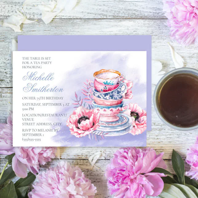 Elegant Pink Purple 75th Birthday Tea Party Invitation | Zazzle