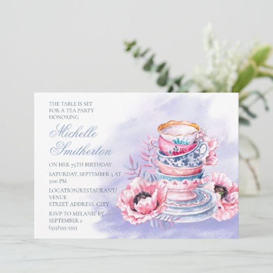 Elegant Pink Purple 75th Birthday Tea Party Invitation | Zazzle.com