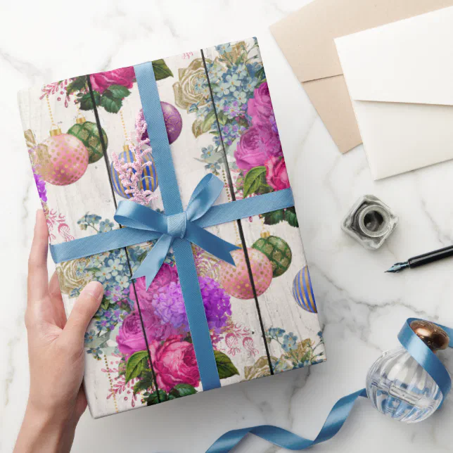 Elegant pink & purple Christmas floral pattern Wrapping Paper | Zazzle