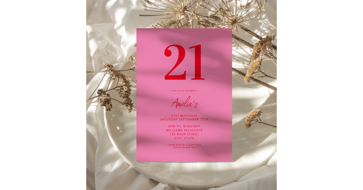 Elegant Pink Red Modern 21st Birthday Invitation | Zazzle