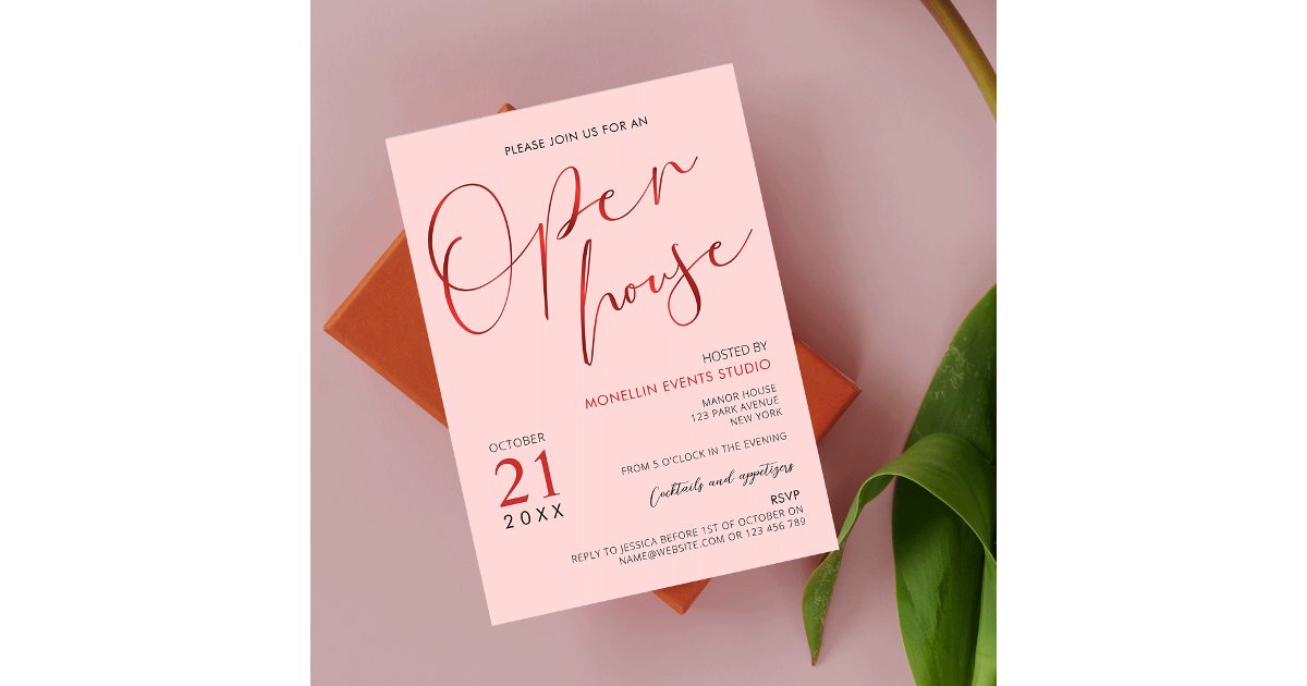 Elegant Pink & Red Script Logo Business Open House Invitation | Zazzle