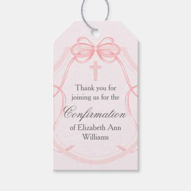 Elegant Pink Ribbon Bow Confirmation Custom Gift Tags | Zazzle